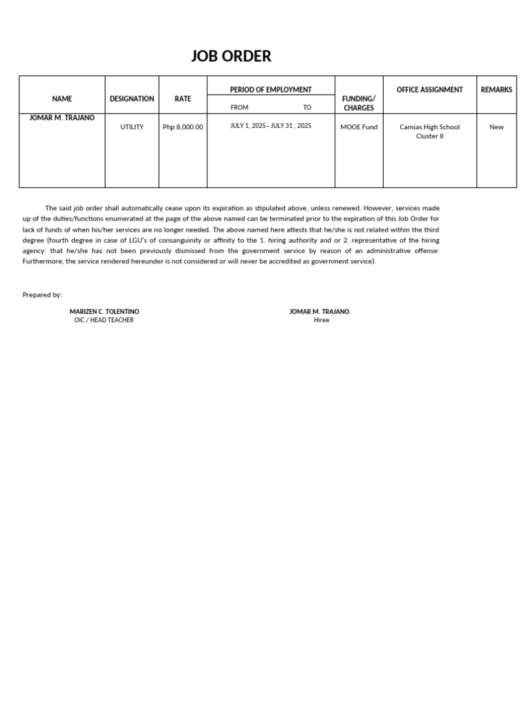 Job Order for Utility Position at CHS | PDF