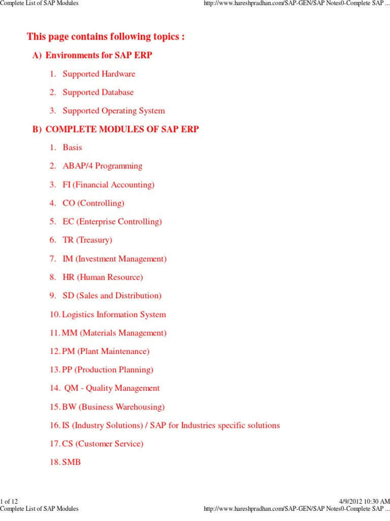Complete List of SAP Modules | PDF | Sap Se | Supply Chain Management