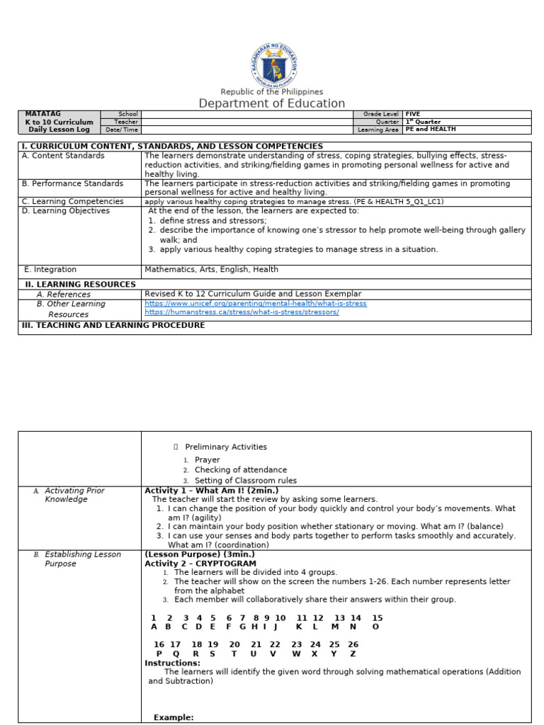 Lesson Plan PE Health 5 Q1 LC1 3 | PDF | Stress (Biology) | Curriculum