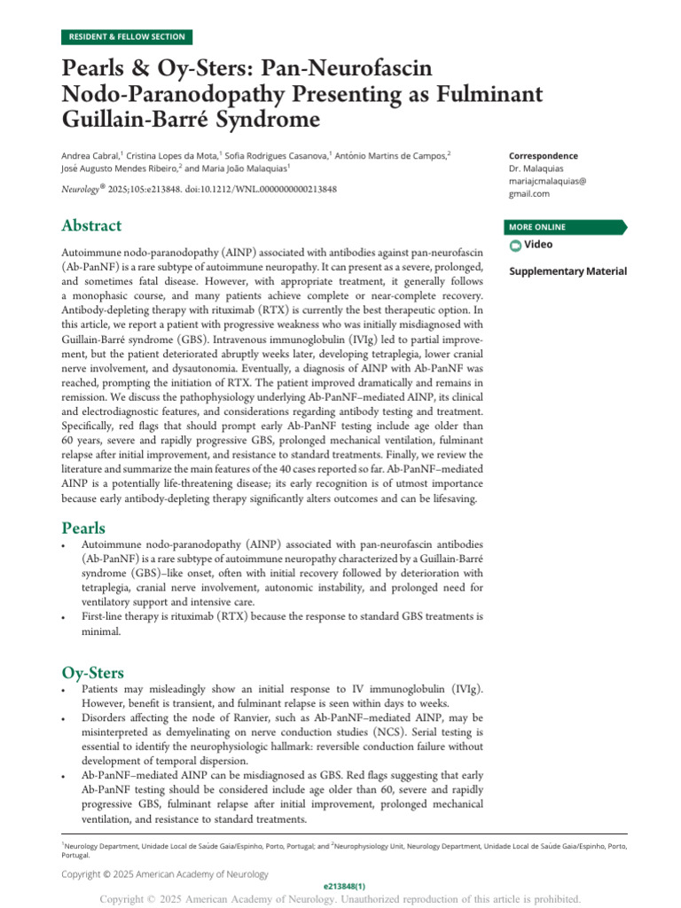 Cabral Et Al 2025 Pearls Oy Sters Pan Neurofascin Nodo Paranodopathy ...