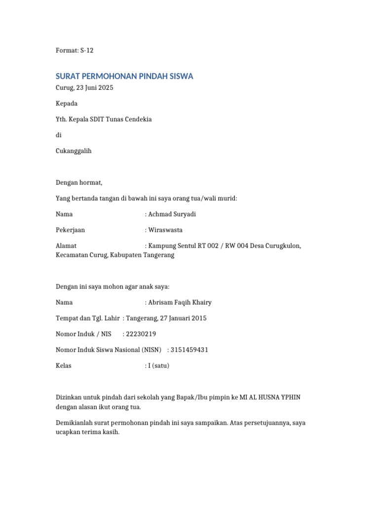 Surat Permohonan Pindah Abrisam Faqih Khairy | PDF