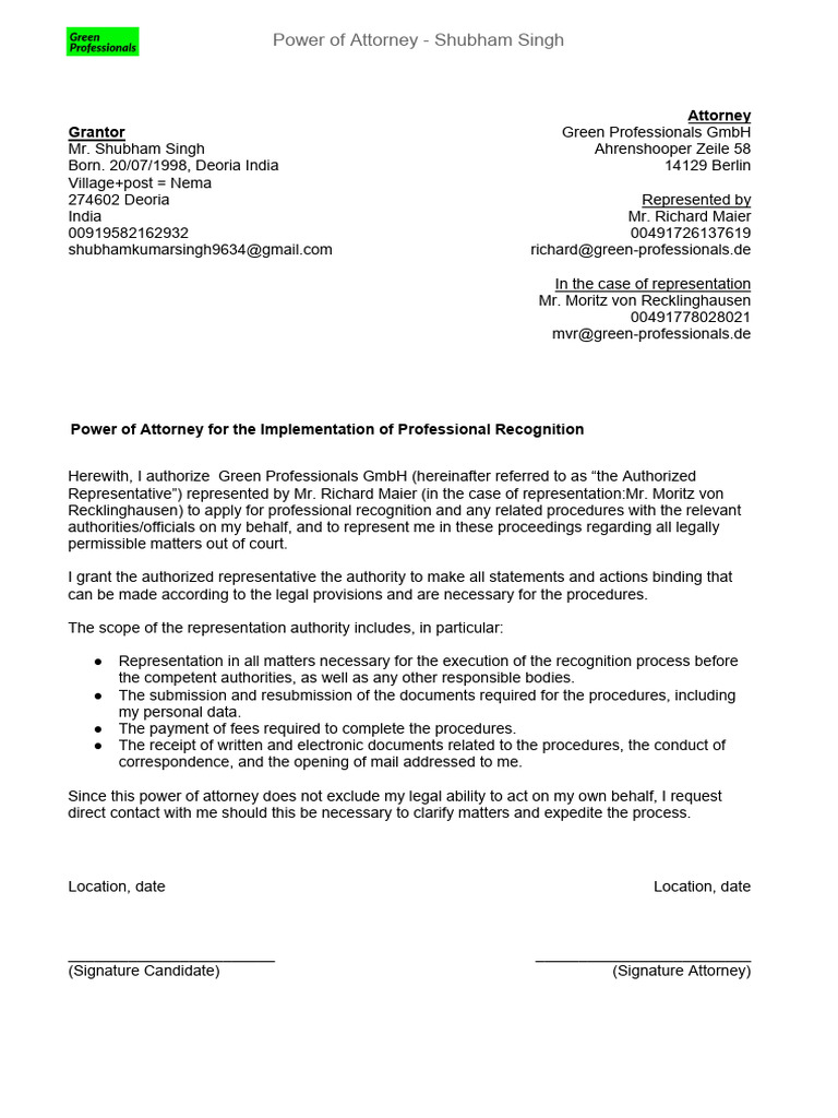 Vollmacht Berufsanerkennungsbehörde GP-25000005 Singh Shubham | PDF ...