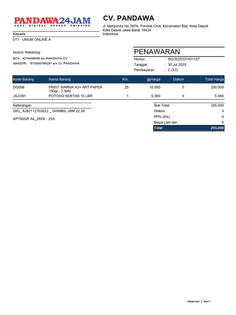 Cv. Pandawa: Penawaran | PDF