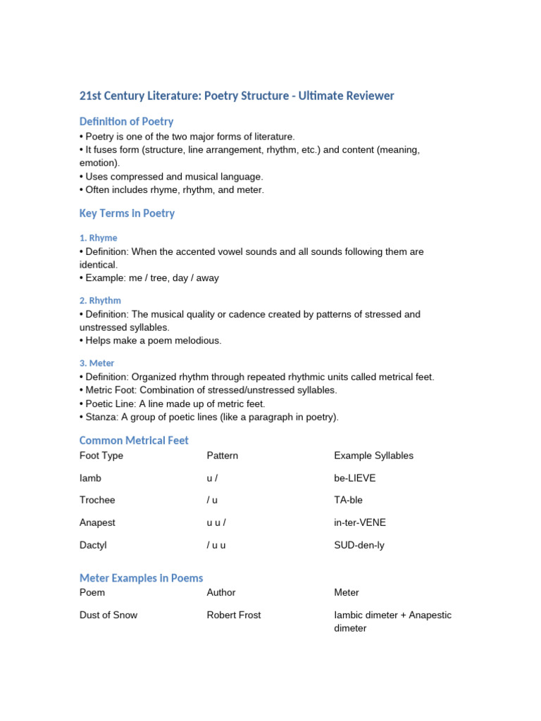 Poetry Structure Review Guide | PDF | Metre (Poetry) | Poetry