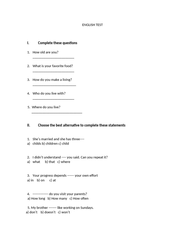 A1 English Test Practice Questions | PDF