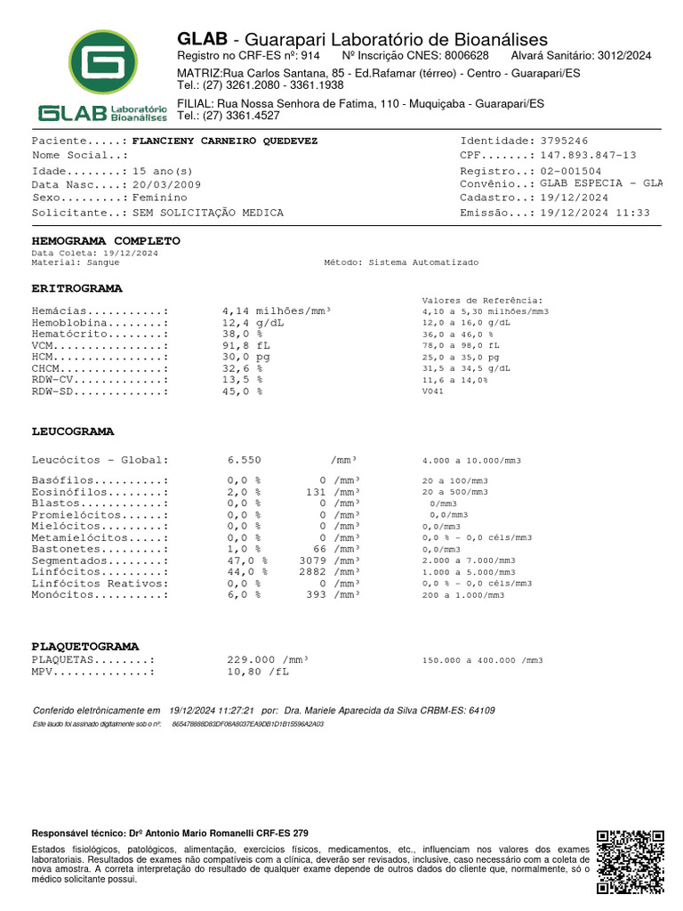 Hemograma Completo - Laudo Laboratorial | PDF | Remédio | Exames médicos