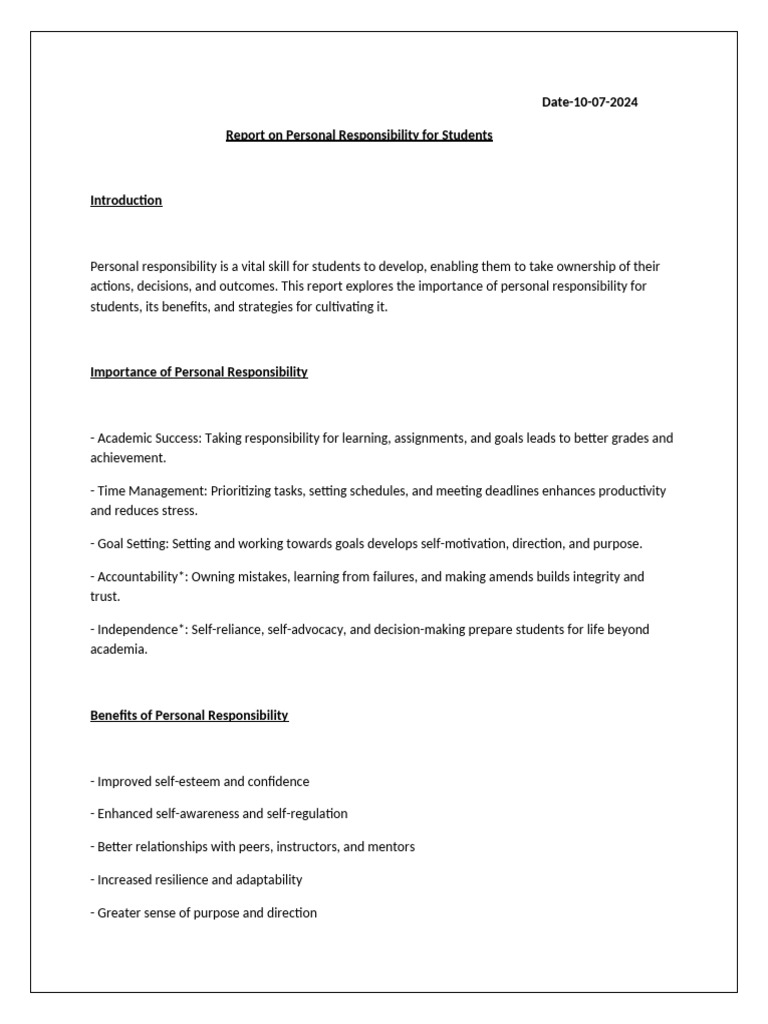 Importance of Personal Responsibility for Students | PDF