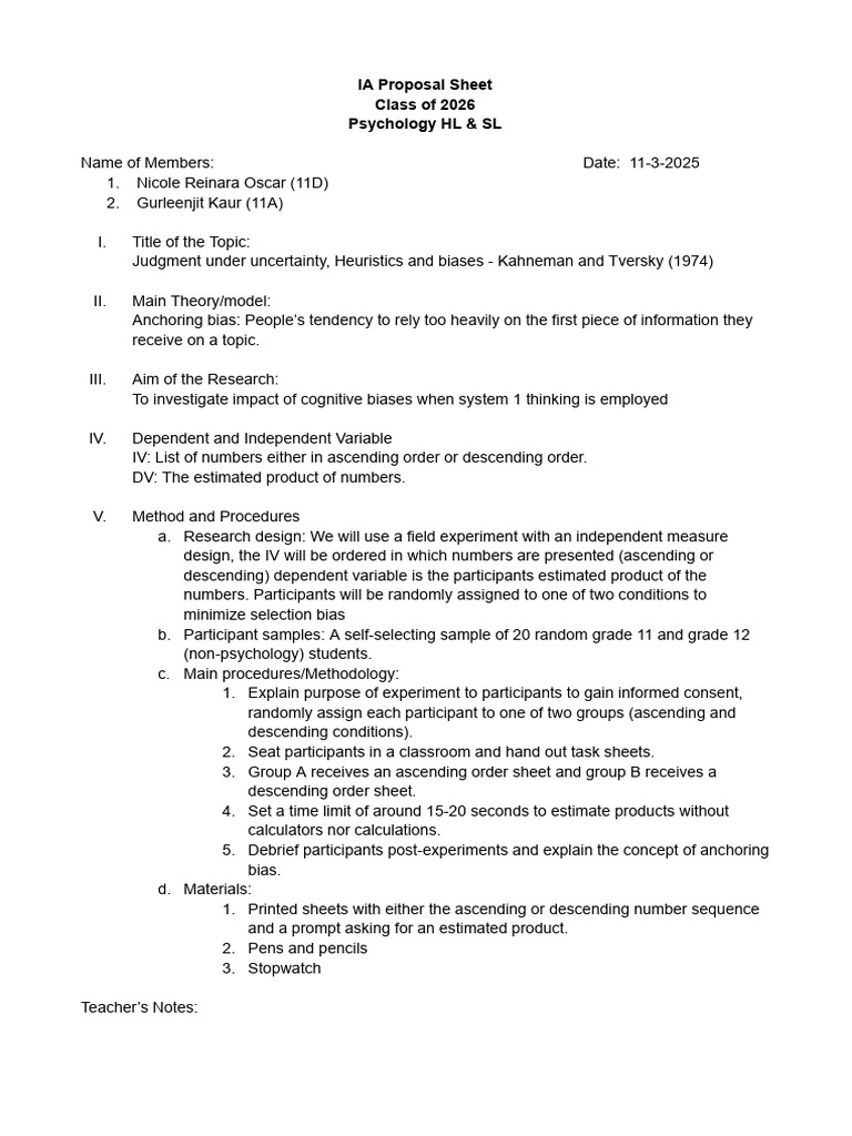 IB Psychology IA Proposal Sheet (Nicole and Gurleen) | PDF | Scientific ...