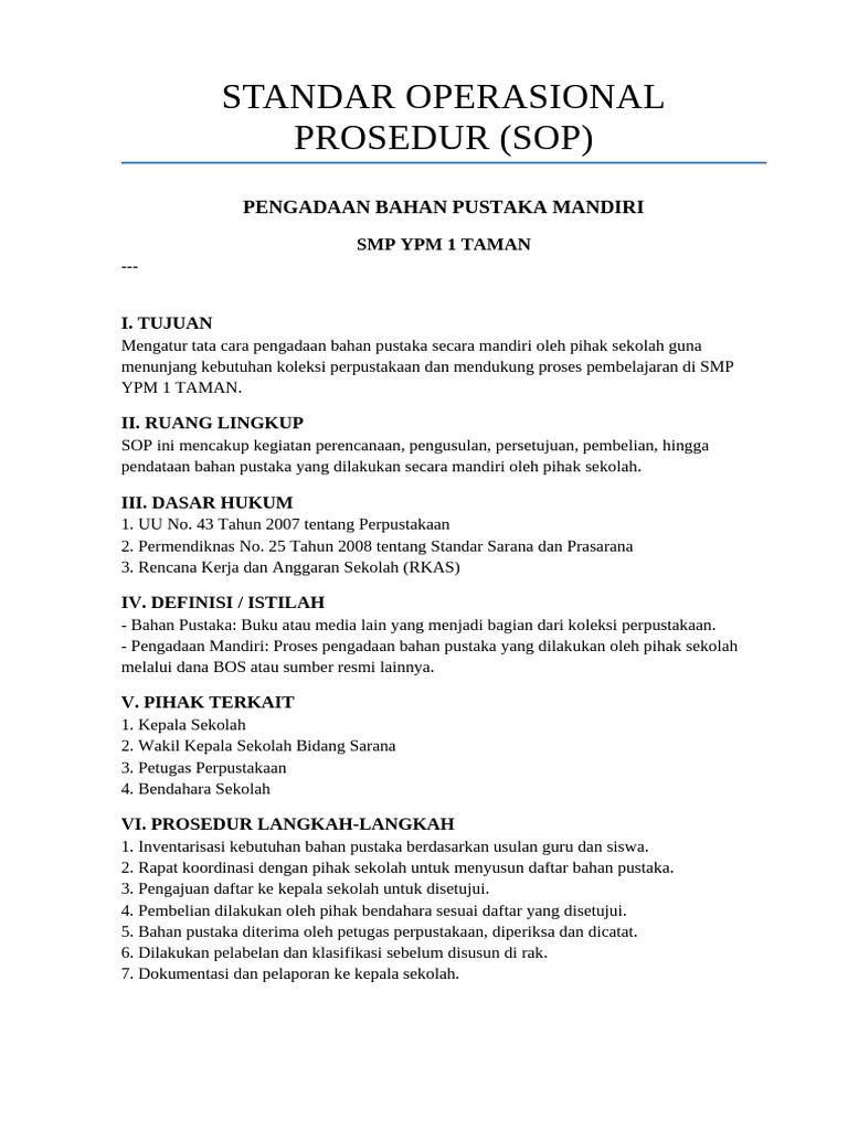 SOP Pengadaan Mandiri Buku SMP YPM 1 TAMAN | PDF
