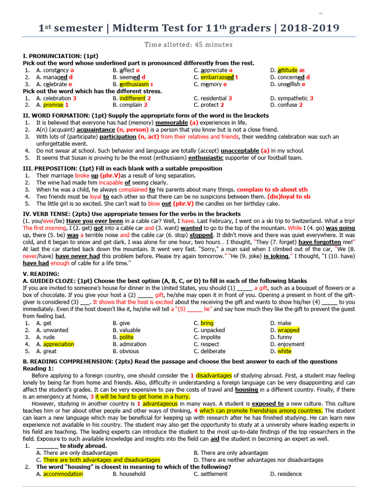 E11 Test Mid1 1819 Key | PDF | Gift | Linguistics