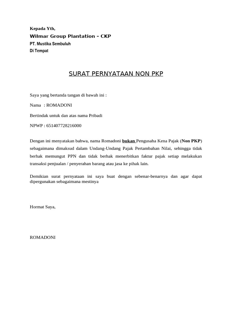 Surat Pernyataan Non PKP (Contoh) | PDF