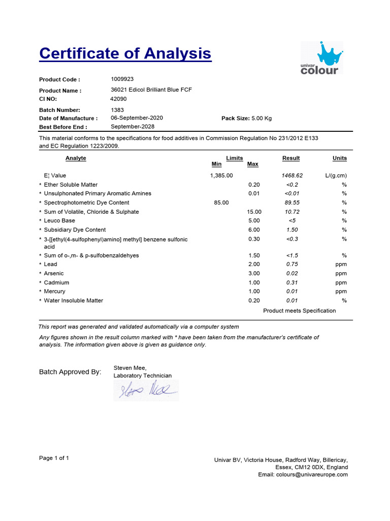 Edicol Brilliant Blue FCF Analysis Report | PDF | Chemical Compounds ...