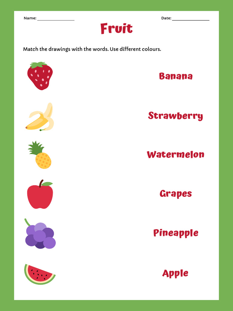 Multicolour Simple Illustrative Fruit Matching Worksheets | PDF | Fruit ...