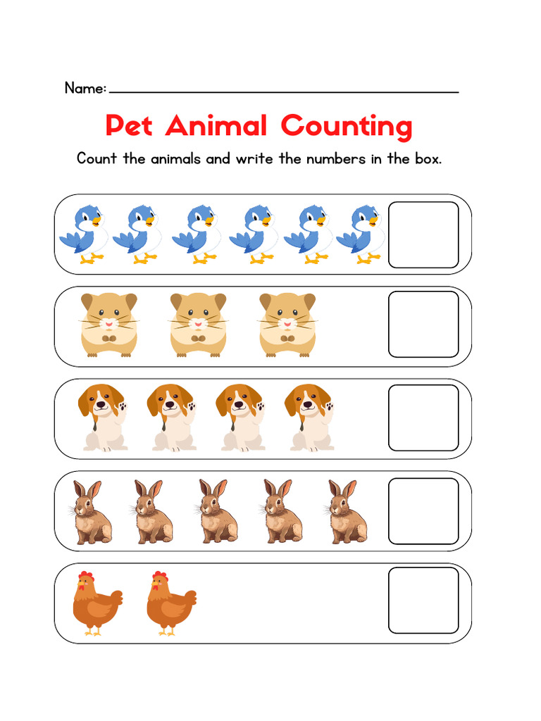 Colorful Illustrative Pet Animal Counting Mathematics Worksheet | PDF