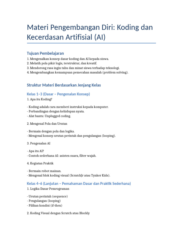 Materi Pengembangan Diri Koding Dan AI SD | PDF