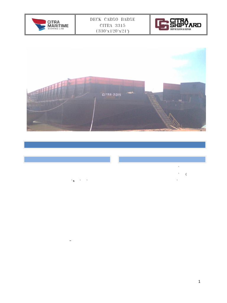 330' x 120' Deck Cargo Barge Specs | PDF | Hull (Watercraft) | Anchor
