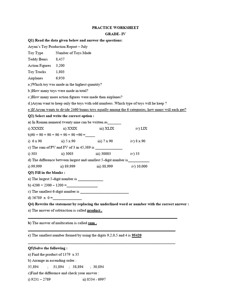 Grade 4 Math Practice Worksheet | PDF