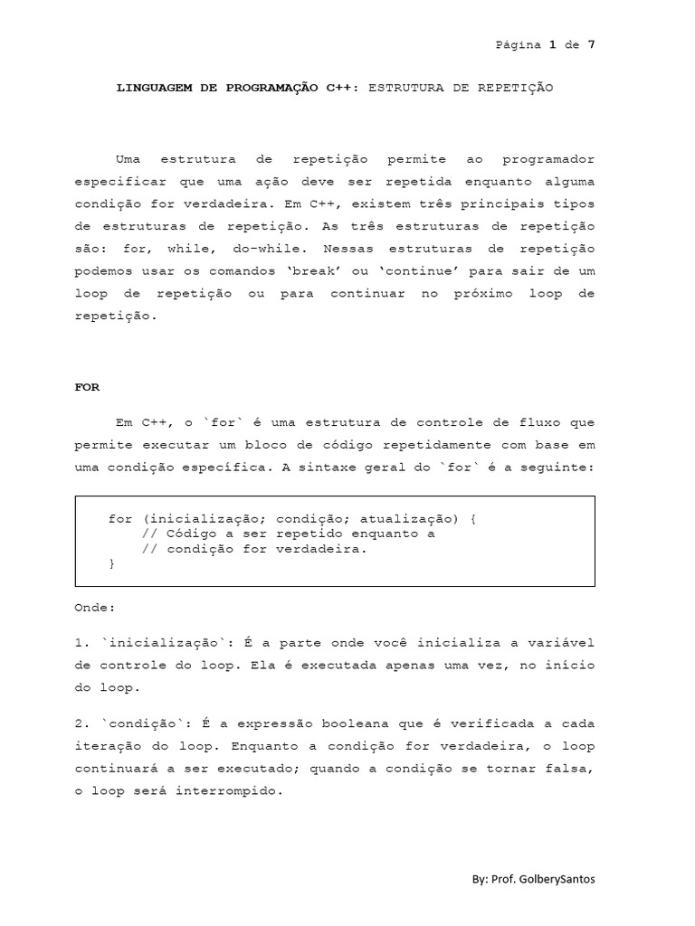 C_ESTRUTURA_DE_REPETICAO_FOR_WHILE_DO_WHILE_BREAK_CONTINUE | PDF | Controle de fluxo | Ciência ...