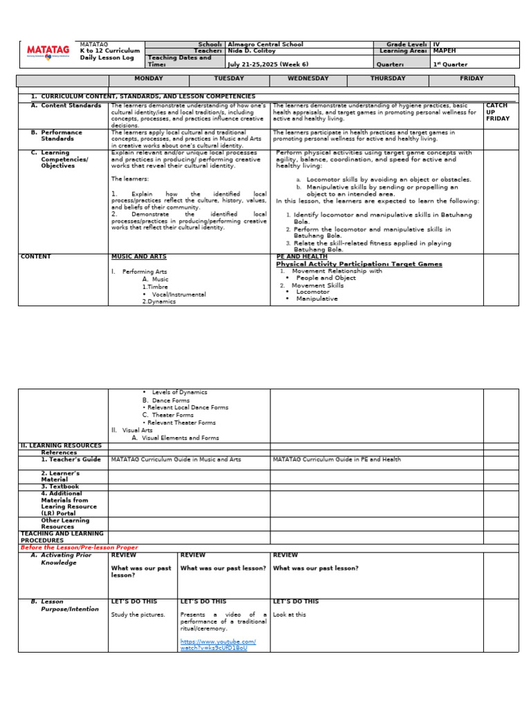 Matatag DLL Week x6 Mapeh g4 | PDF | Curriculum | Learning