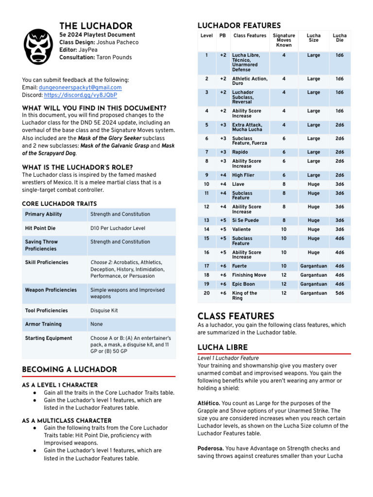 Luchador Class Update for D&D 5E 2024 | PDF | Grappling | Mock Combat