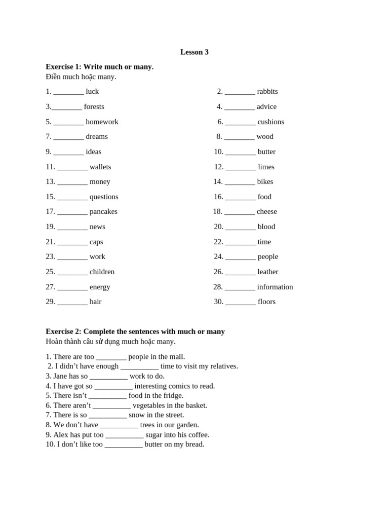 Much vs. Many: Grammar Exercises | PDF
