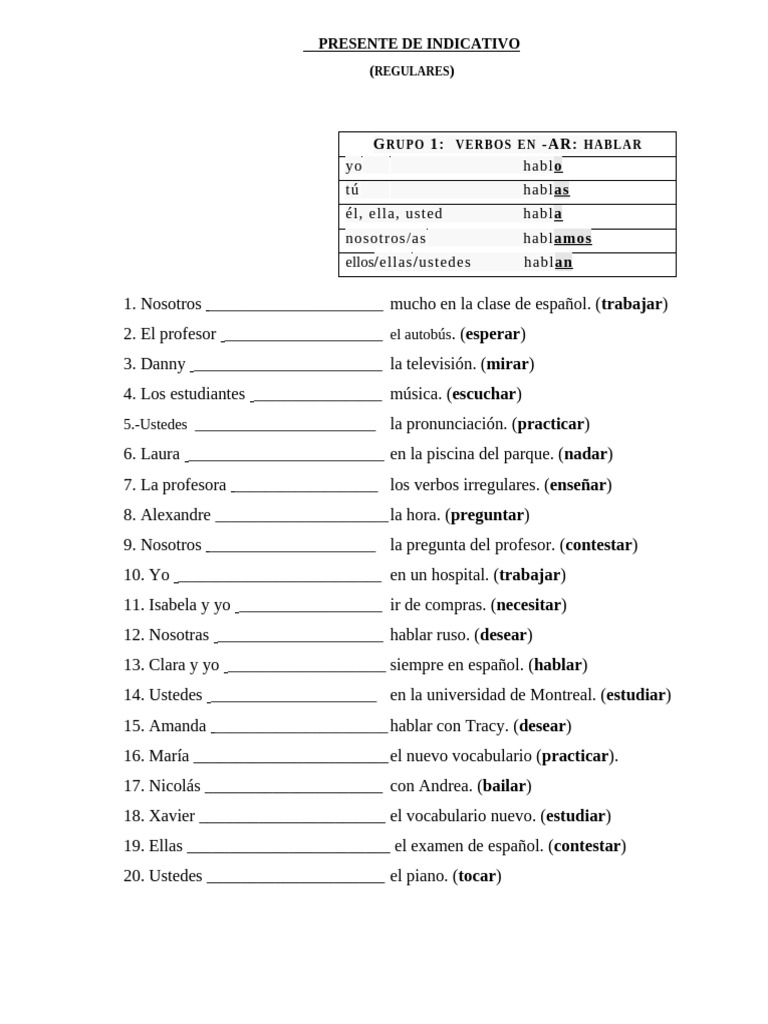 Presente de Indicativo - Completar I (Regulares) | PDF