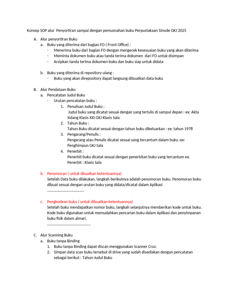 Konsep SOP Alur Penyortiran Sampai Dengan Pemusnahan Buku Perpustakaan Sinode GKJ 2025 | PDF