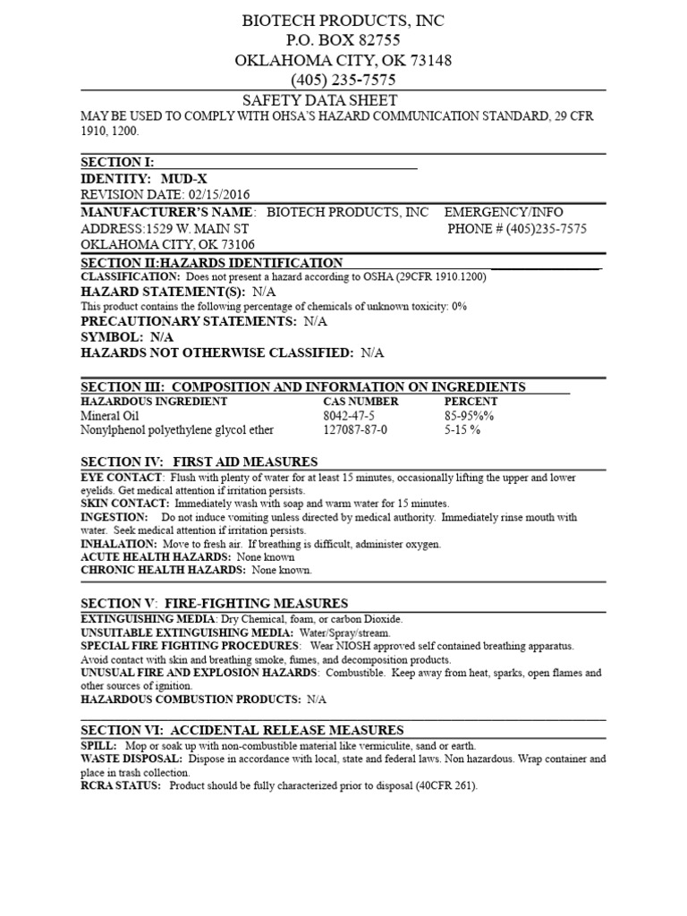 Mud-X Safety Data Sheet (SDS) | PDF | Combustion | Waste