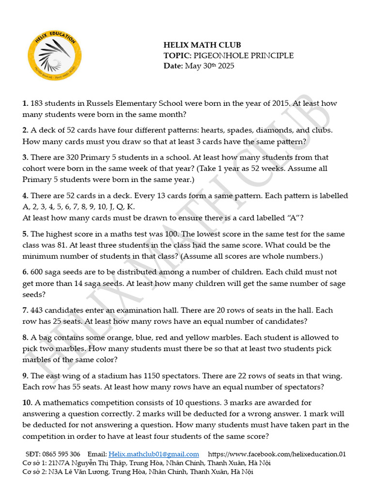 Helix Math Club: Pigeonhole Principle Problems | PDF