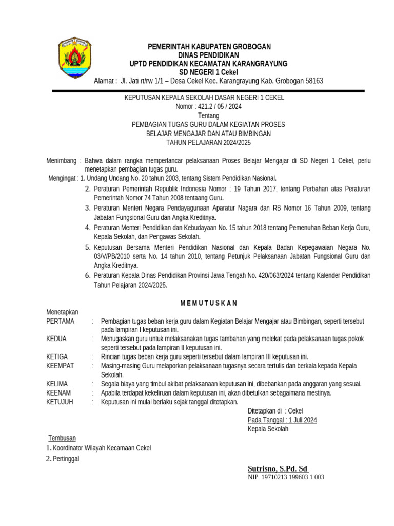 Pembagian Tugas Guru SD Negeri 1 Cekel | PDF