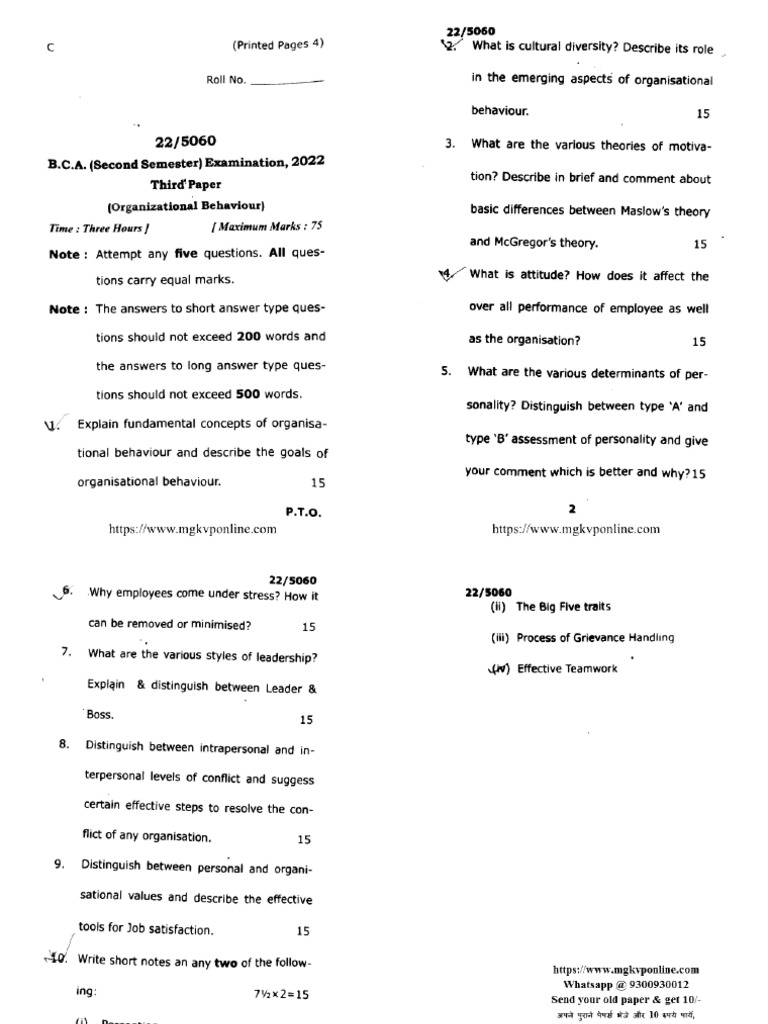 Bca 2 Sem Organizational Behaviour 5060 2022 | PDF
