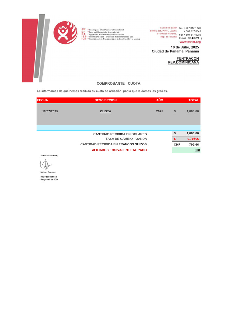 Recibo - Funtracon - Cuota 2025 - 1,000.00 Usd | PDF