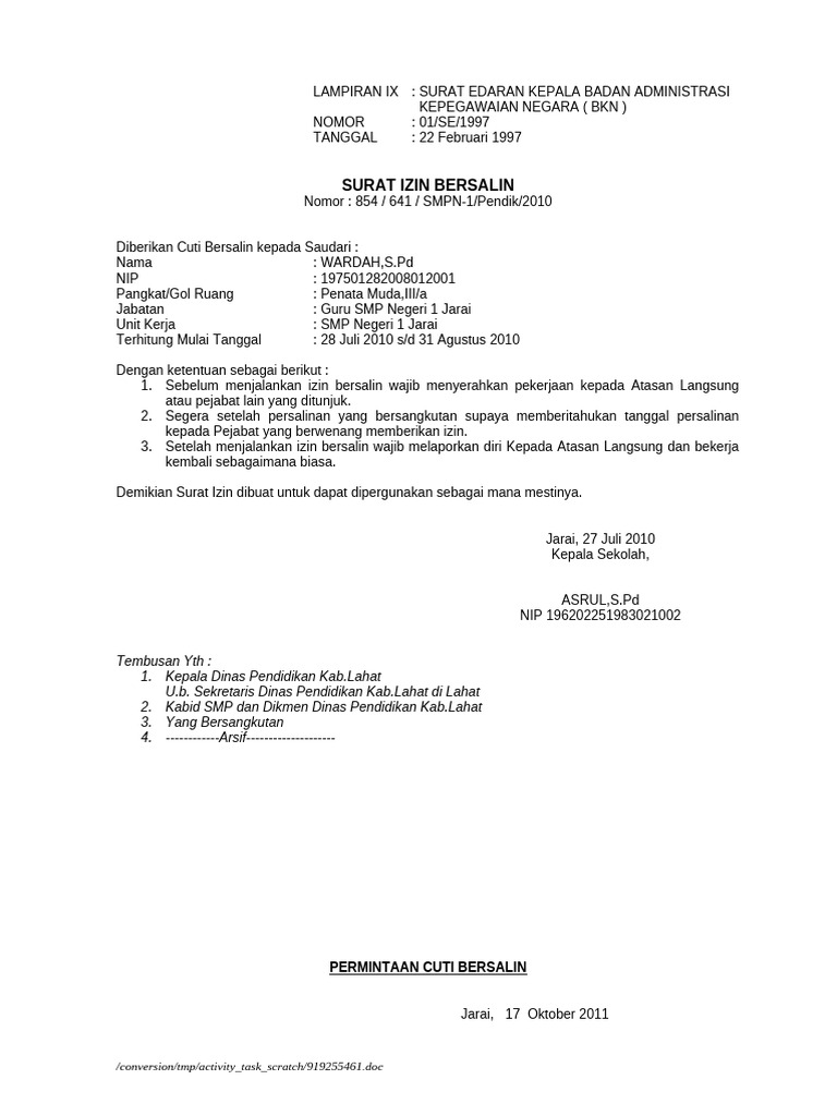 Surat Izin dan Permintaan Cuti Bersalin | PDF