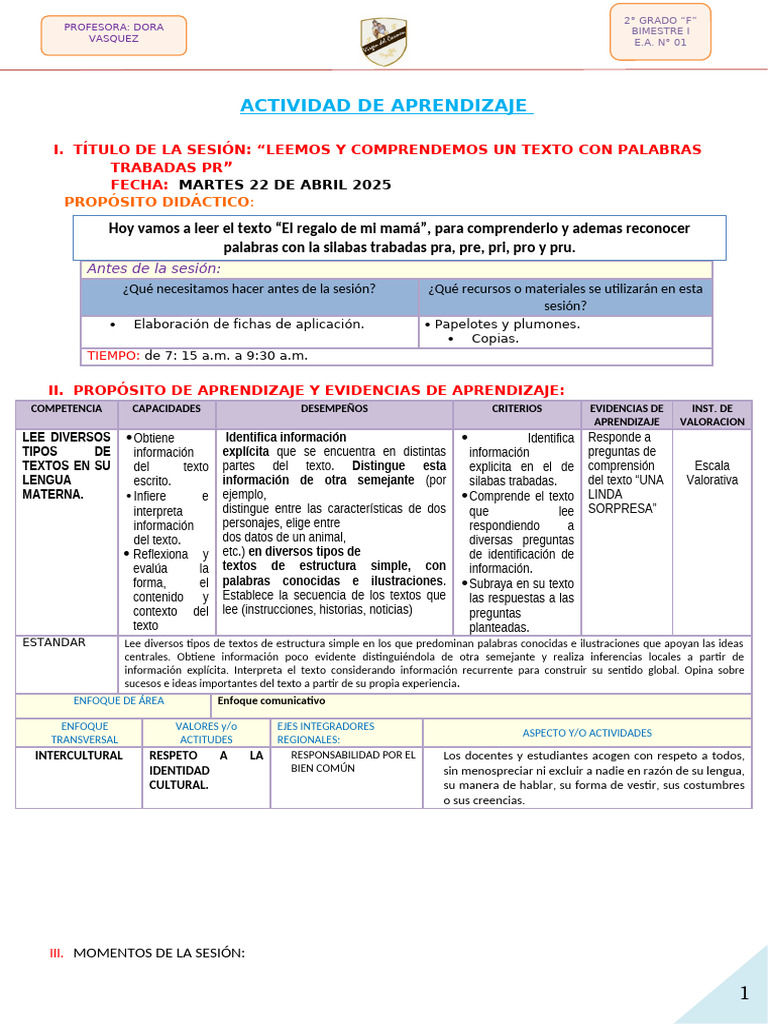Sesion Martes 22 de Abril - Comunicacion - Leemos y Comprendemos Un ...