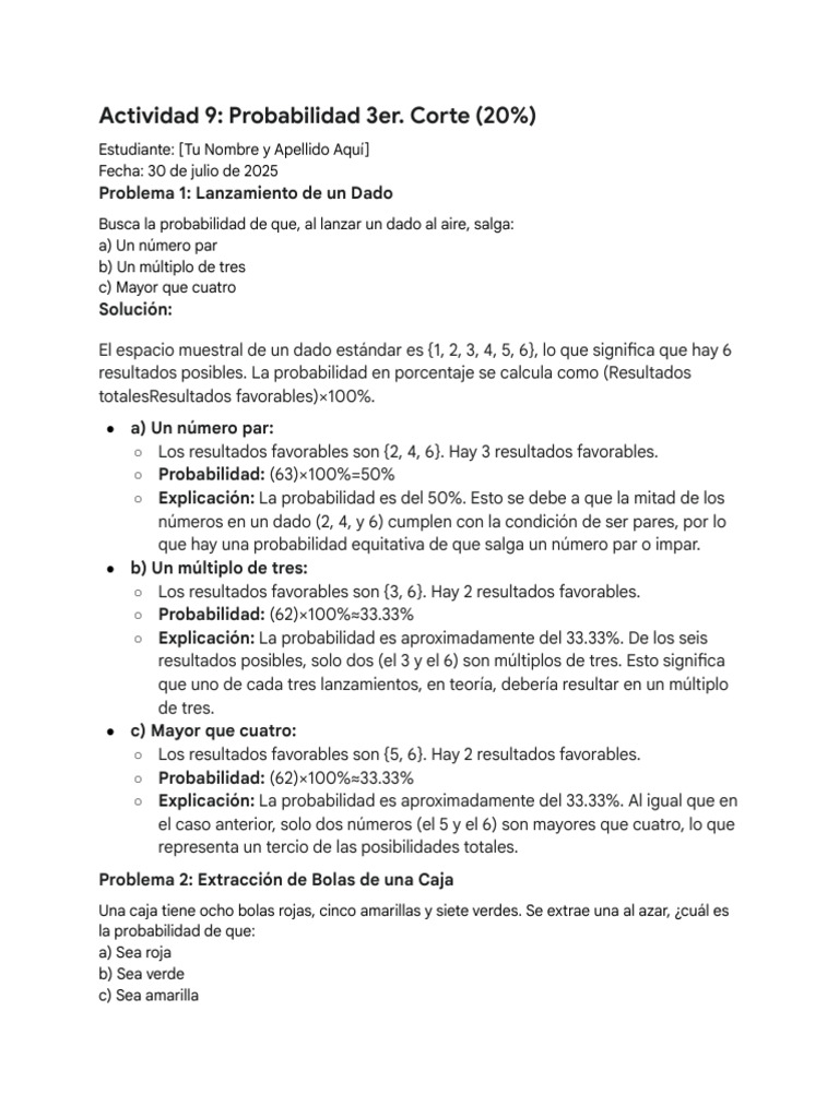 Probabilidades en Dados y Bolas | PDF | Teoría de probabilidad ...