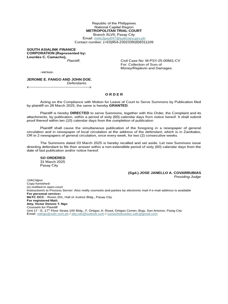 April 9 - South Asia Link Finance Corp Vs Jerome Fango and John Doe | PDF | Lawsuit | Mortgage Law