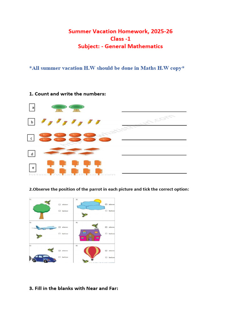 I Am Sharing 'Summer Vacation Homework, Class-1, 25-26' With You | PDF