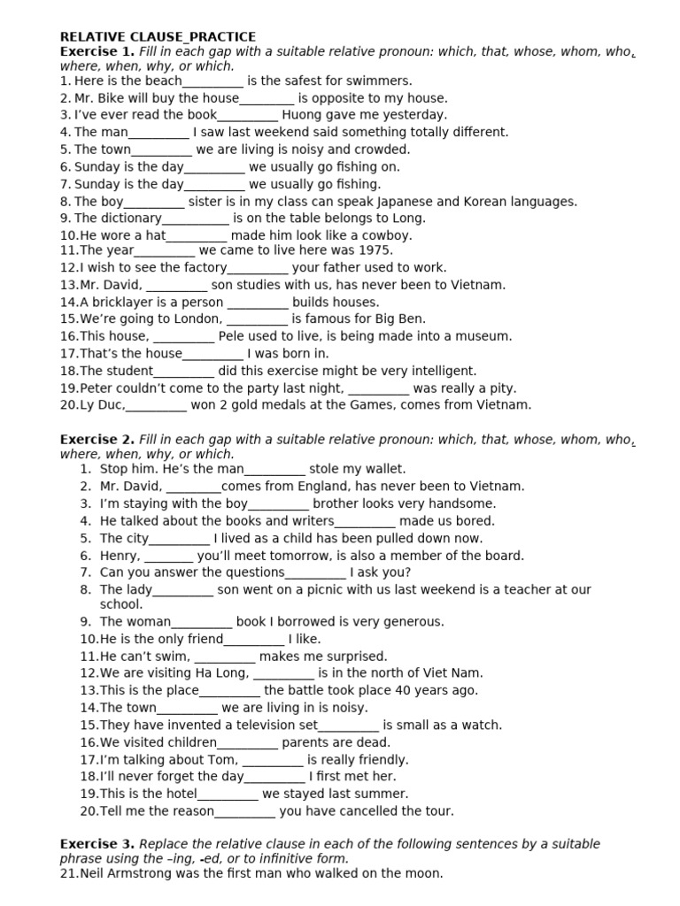 Relative Clause Practice Exercises | PDF