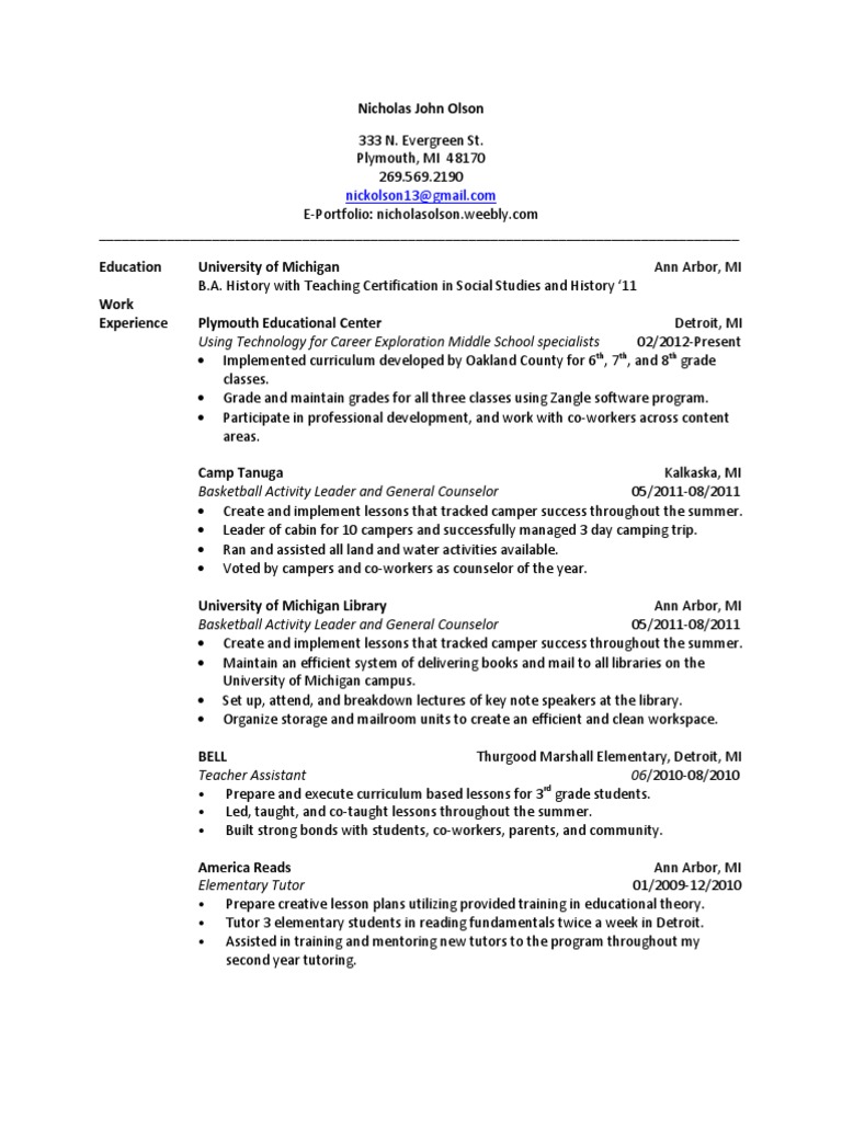 Nicholas John Olson's Resume | PDF | Tutor | Secondary School