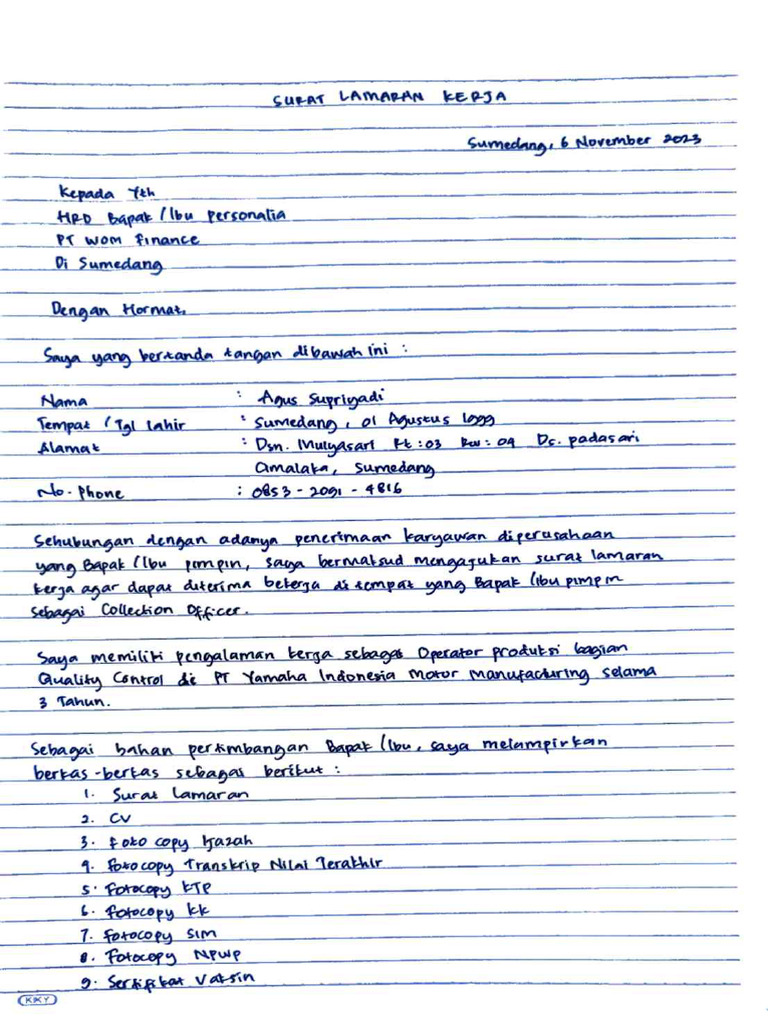 Surat Lamaran Agus Supriyadi Wom Sumedang | PDF