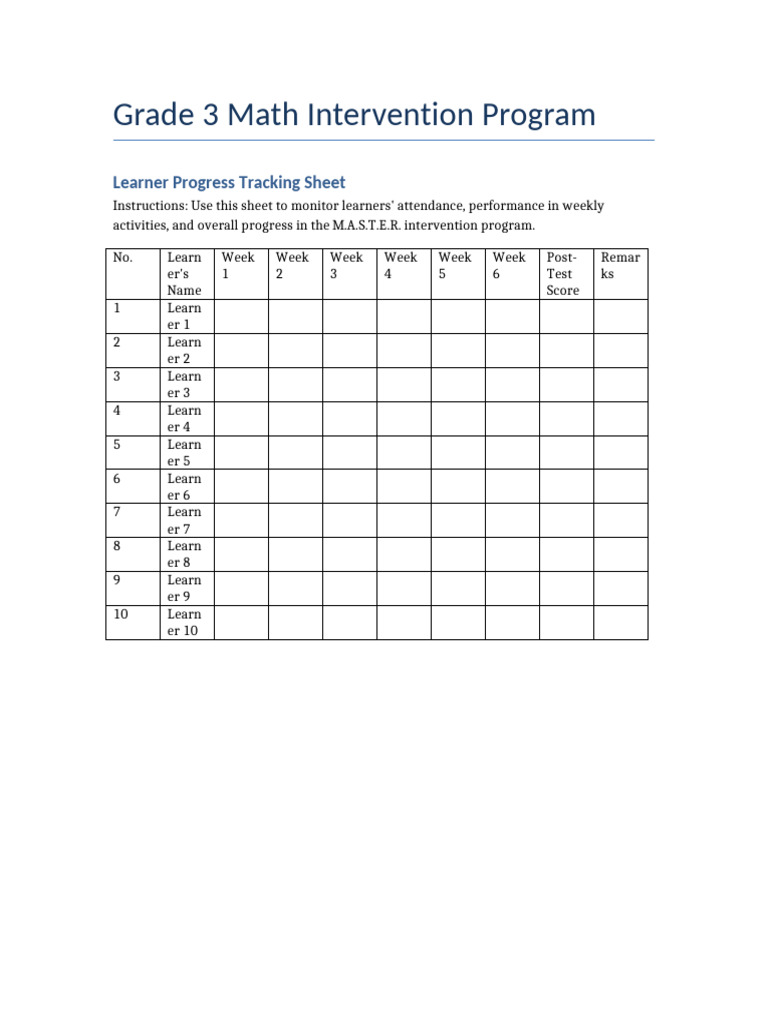 Learner Progress Tracking Sheet Grade3 MATH MASTER | PDF