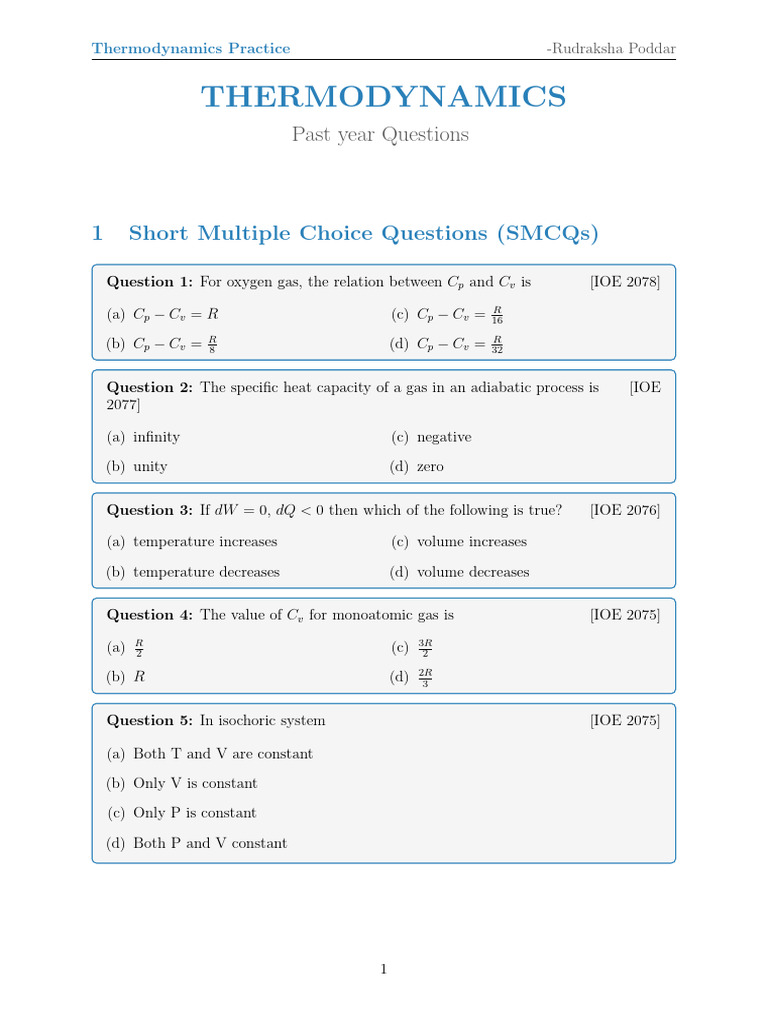 Thermodynamics Practice Questions | PDF | Heat | Temperature