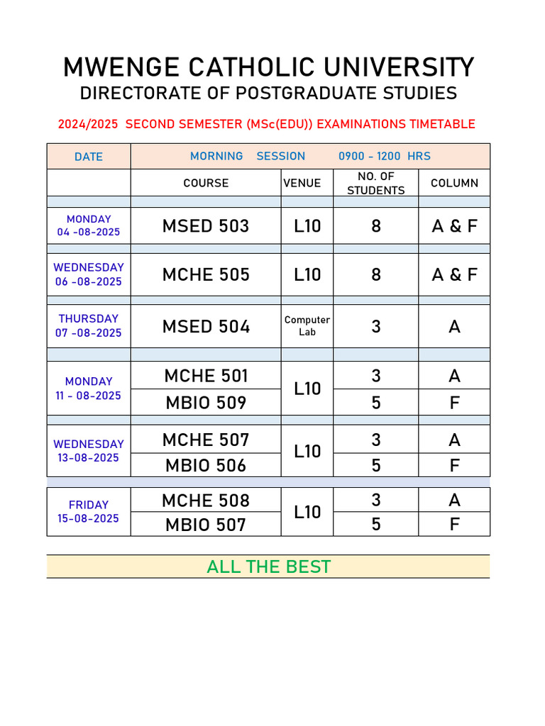 MSc & MBA Exam Timetable 2025 | PDF