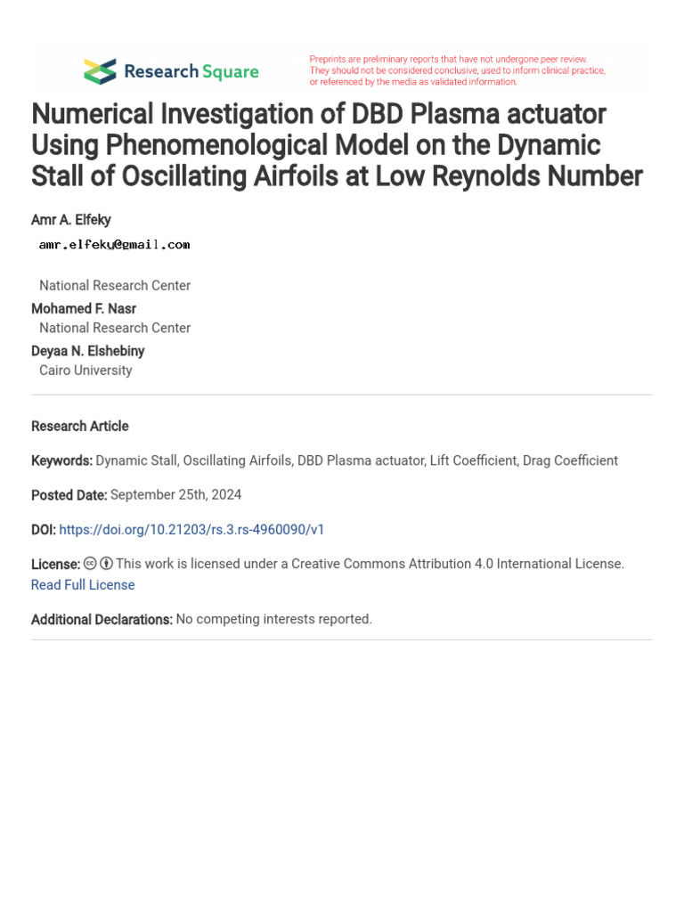 Numerical Investigation of DBD Plasma Actuator Usi | PDF | Plasma (Physics) | Capacitor
