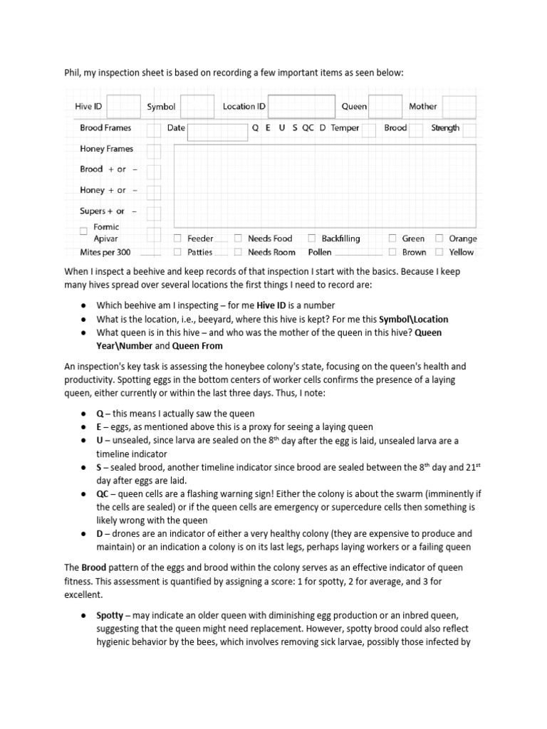 Beehive Inspection Checklist Guide | PDF | Beehive | Bees