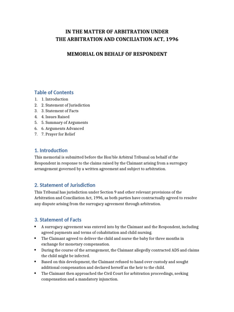 Moot Court Memorial Respondent | PDF | Arbitration | Surrogacy