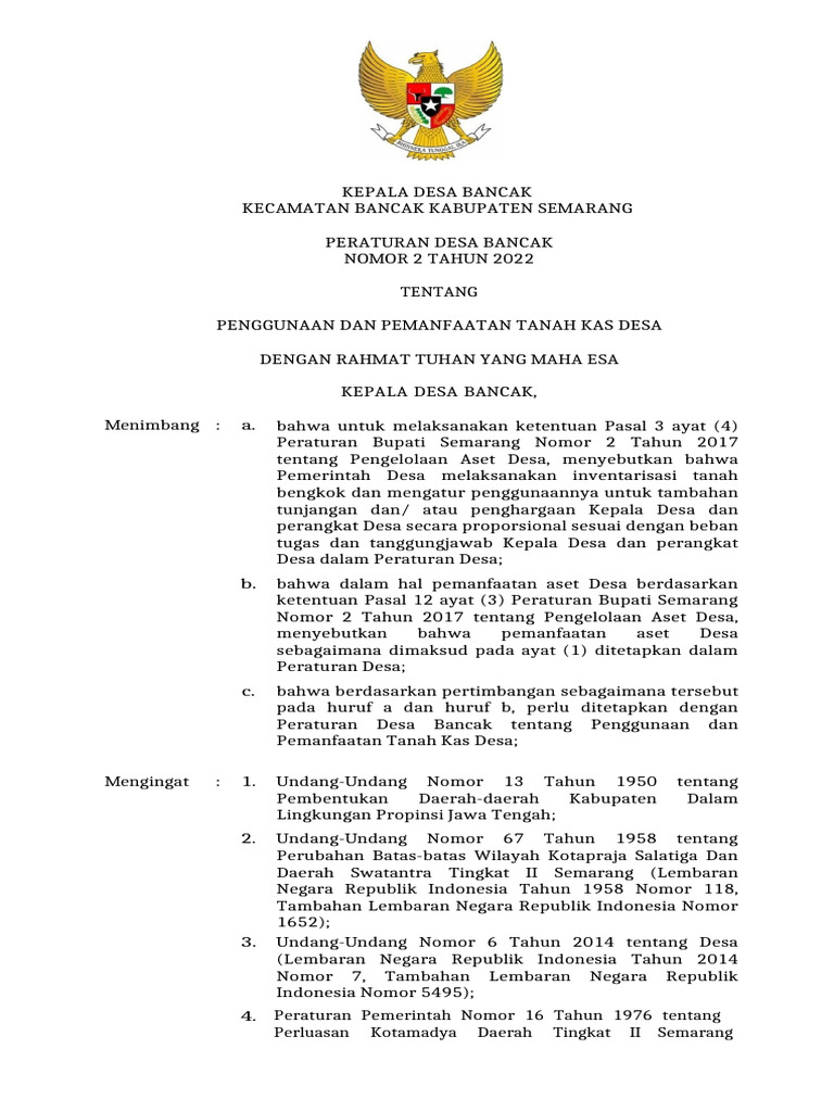Peraturan Desa Bancak Nomor 2 Tahun 2022 Tentang Penggunaan Dan Pemanfaatan Tanah Kas Desa ...
