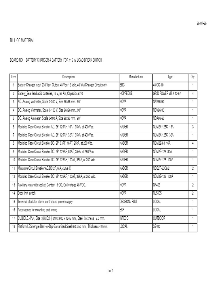 Bom - Battery Charger Battery For 115 KV Load Break Switch | PDF ...