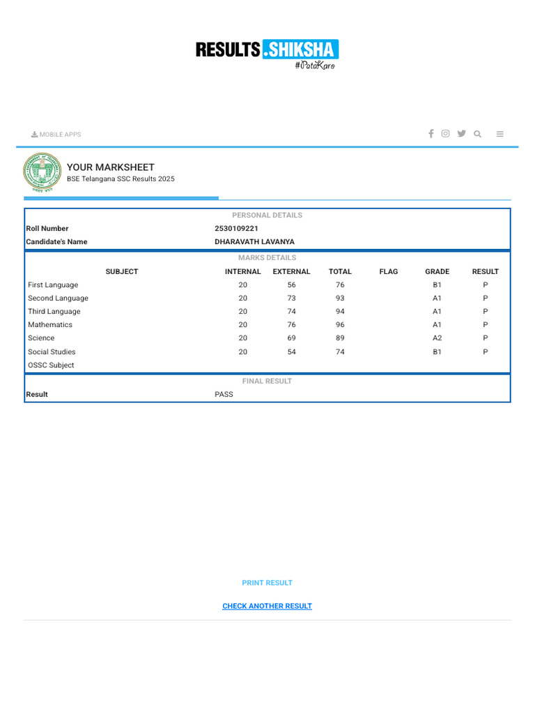 Your Marksheet - Ts SSC Results 2025 | PDF