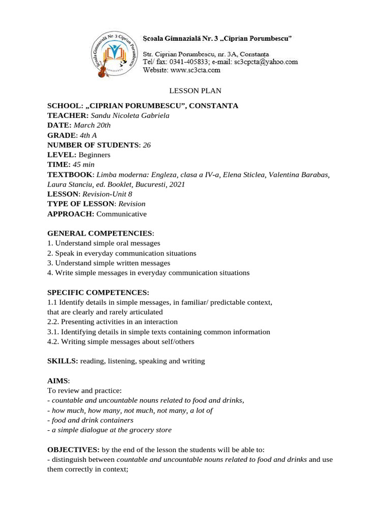 4th Grade English Revision Lesson Plan | PDF | Learning | Human ...